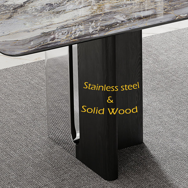 Orren Ellis Modern 78.7" Dining Table, Glossy Sintered Stone Top, Stainless Steel Double Legs ...